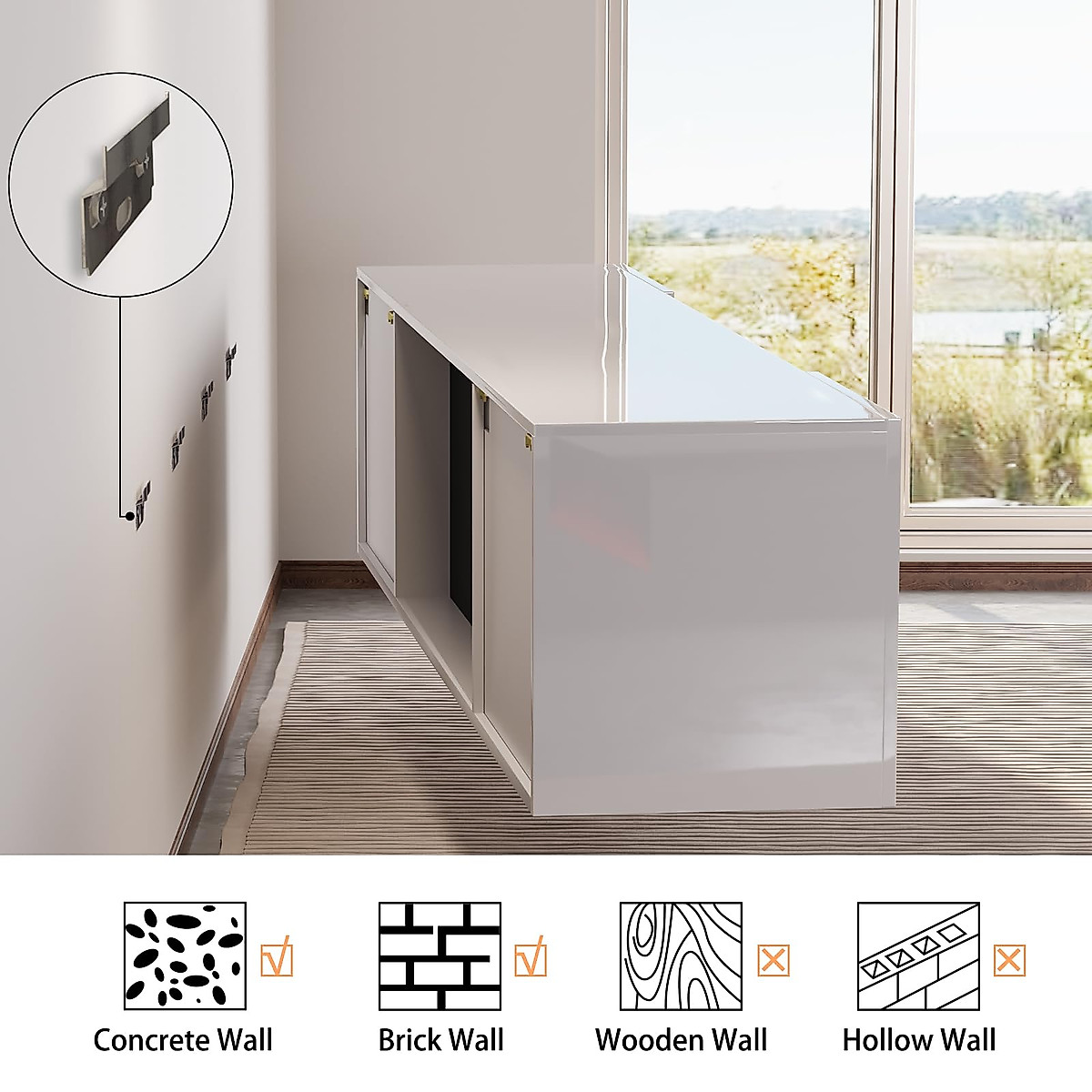 AMERLIFE Floating Fireplace TV Stand, Wall Mounted Mirrored Entertainment Center with 40" Electric Fireplace, Modern LED Lights Media Console for TVs Up to 90", All White