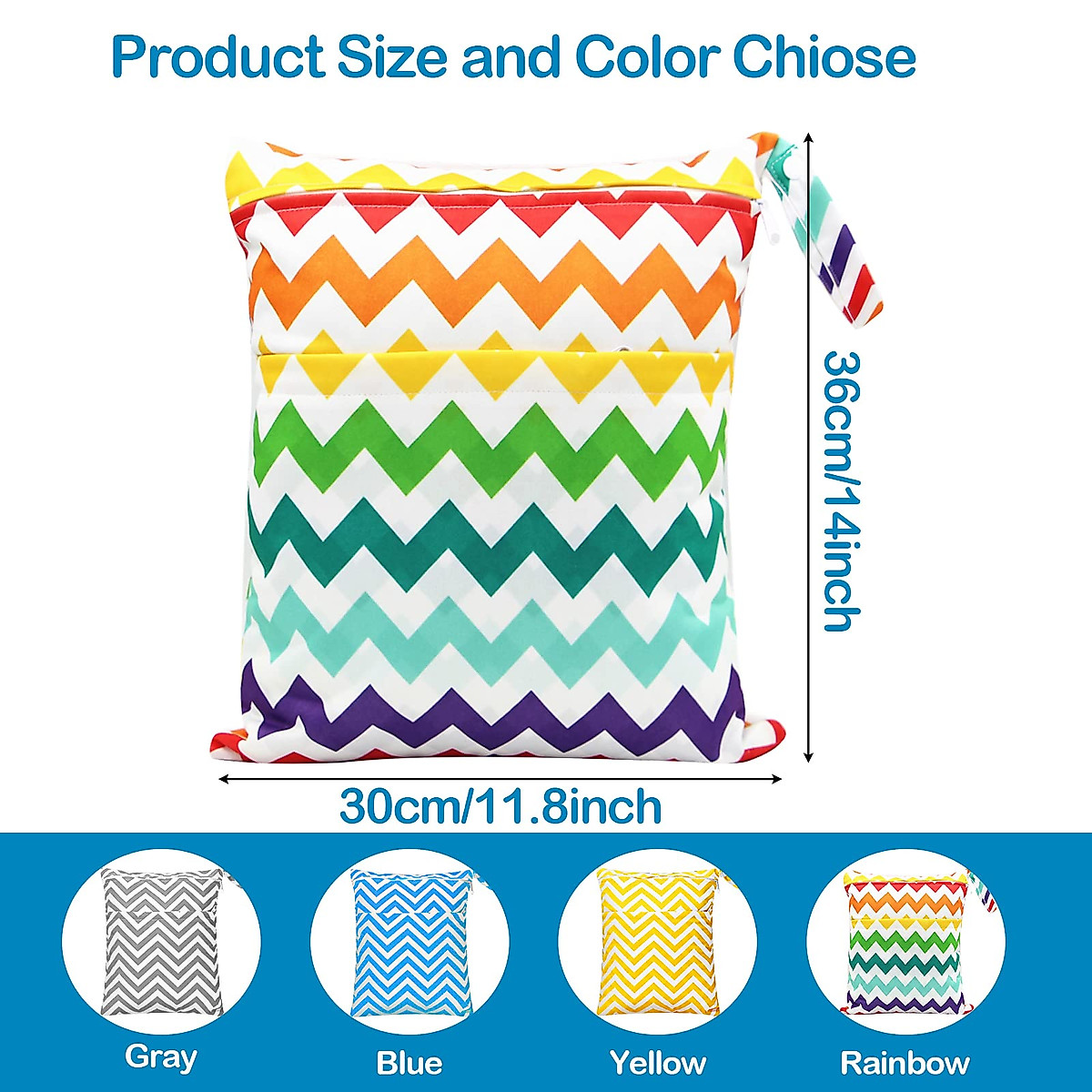 4 Pieces Wet Dry Bag Cloth Diaper with Two Zippered Pockets Waterproof ReusableW Travel Beach Pool Daycare Soiled Baby Items Yoga Gym（12in x 14.5in）, Gray,Blue,Yellow and Rainbow, KKBB1001