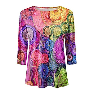 Women's 3/4 Length Sleeves Tops Fashion Art Painting Graphic Tshirts Fall Dressy Tee Shirt Loose Fit Trendy Blouse Hot Pink