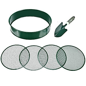Soil Sieve Garden Riddle Sieve 12" Diameter, Fine Mesh Soil Sieve, Potting Sieve with 4 Interchangeable Filter Mesh Sizes 3,6,9,12mm and Shovel
