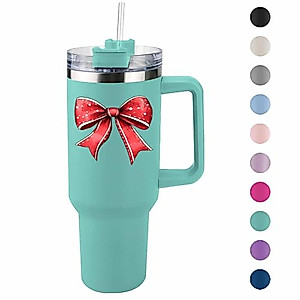 LB LEOBON 40 ounce insulated cup with handle, double-layer vacuum stainless steel material, equipped with straw, can keep warm or maintain cold drinks Big Red Bow Lake Green