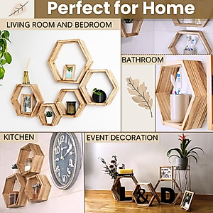 LIBAEL Hexagon Floating Shelves with Photo Frame Natural Premium Wood Set of 5 - Hexagon Shelves for wall, Farmhouse Honeycomb Shelves for Living Room Decor, Kitchen, Bathroom, Bedroom, Hexagon Shelf.
