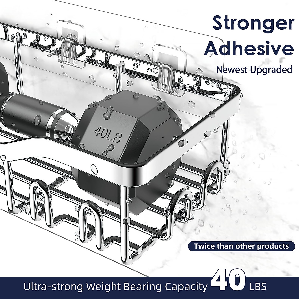 NESOMI Shower Caddy Adhesive Shower Organizer Bathroom Shower Shelves, Shelf for Inside Shower Storage with Soap Dish&16 Hooks, Rustproof Stainless Steel No Drilling Rack Home Decor 2 Pack Silver