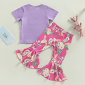 Toddler Baby Girls Easter Outfits Bunny Letter Print Short Sleeve T-Shirt Tops and Bell Bottom Pants Summer Sets (Hip Hop & Purple, 2-3 Years)