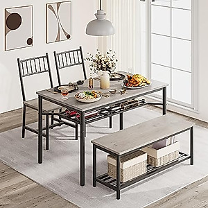 IDEALHOUSE Dining Table Set for 4, Kitchen Table and 2 Chairs with Storage Bench, 47.2" Rectangular Kitchen Table Set with Wine Rack, Dining Room Table Set for Small Space, Apartment, Rustic Gray
