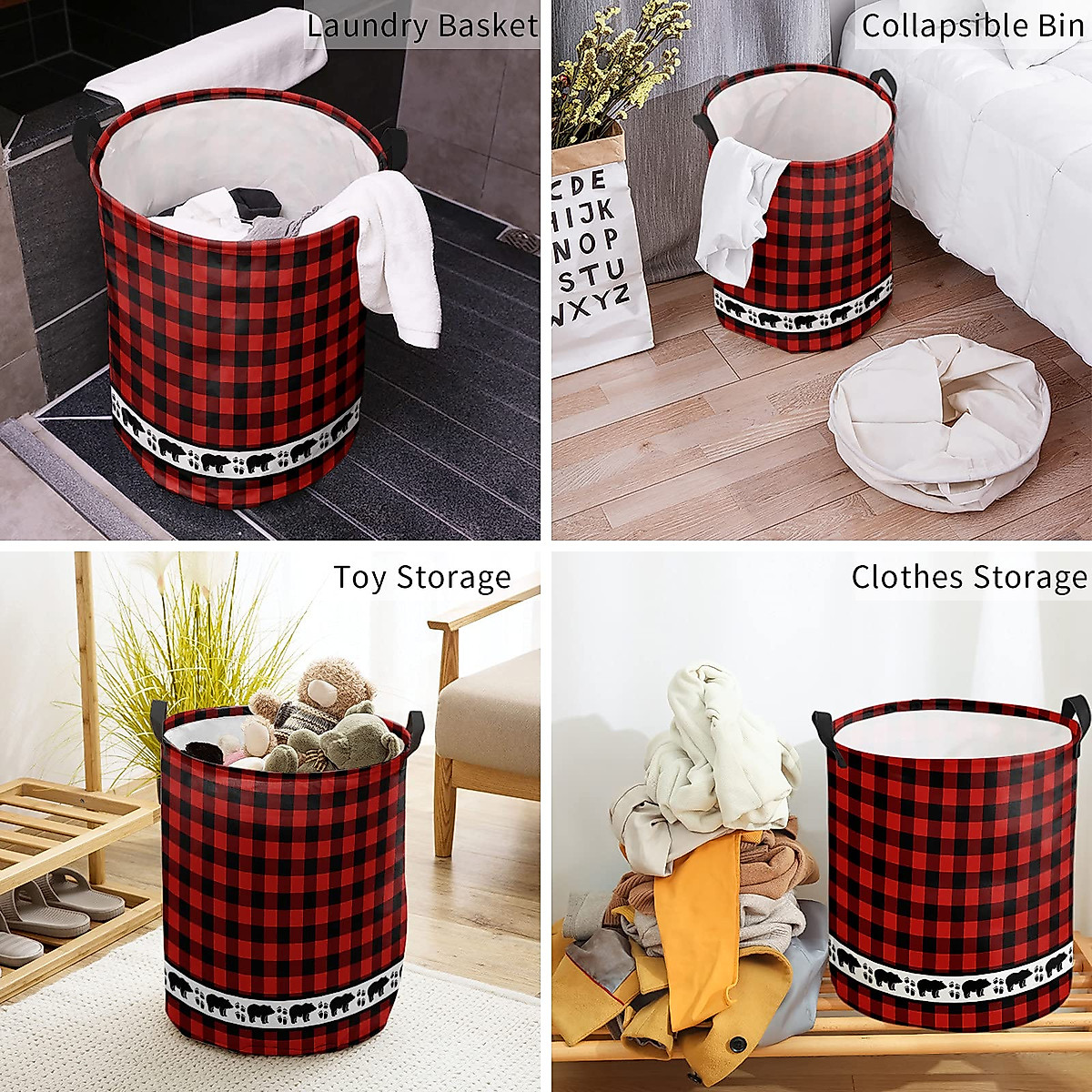 Forest Animals Large Laundry Hamper Collapsible with Handles, Waterproof Dirty Clothes Hamper Baby Nursery for Kids Room Dorm Storage, Bear Footprints with Red and Black Grid