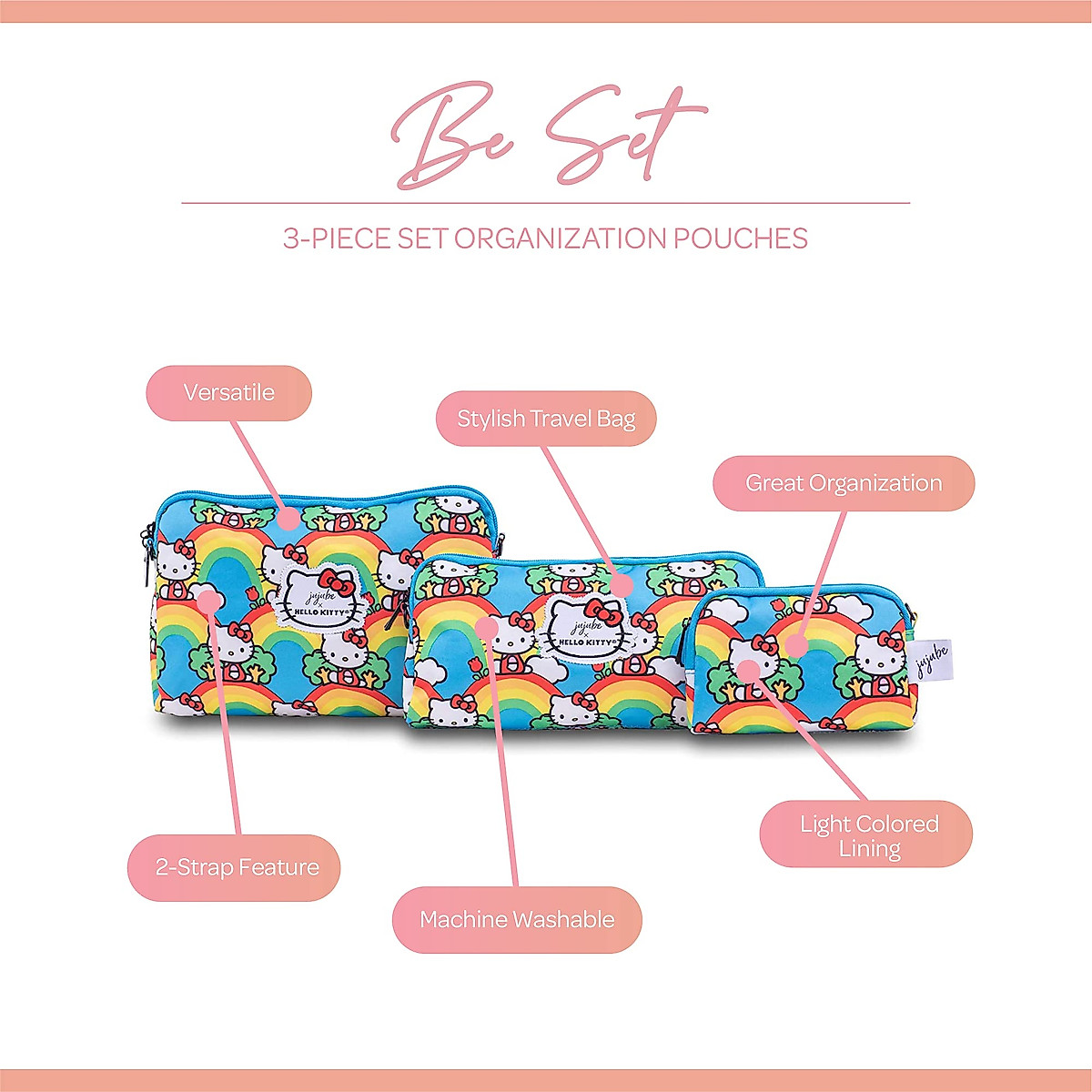 JuJuBe Be Set Organization Pouches, Pretty Travel Toiletry Bag Set for Women, Stylish Party Clutch or Handbag, Hello Kitty | Rainbow