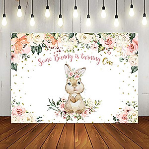 Pink Floral Rabbit First Birthday Backdrop Spring Watercolor Flower Baby Girl Happy 1st Birthday Background Baby Shower Newborn Baby Party Decorations Cake Table Supplies Photo Booth Props 7x5ft