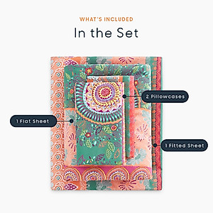 Wake In Cloud - Boho Bed Sheets, 4-Piece Sheet Set, Bohemian Chic Mandala Medallion Colorful Hippie Aesthetic Bedding, Deep Pocket, Orange Green, Twin Size