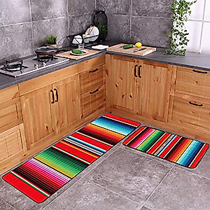 Gesmatic Red Kitchen Rugs, 2 Piece Mat Kitchen Rug 17"X48" 17"X24" Mexican Rug Pattern Serape Stripes Detail Background with Colors Non-Slip Striped Kitchen Rug
