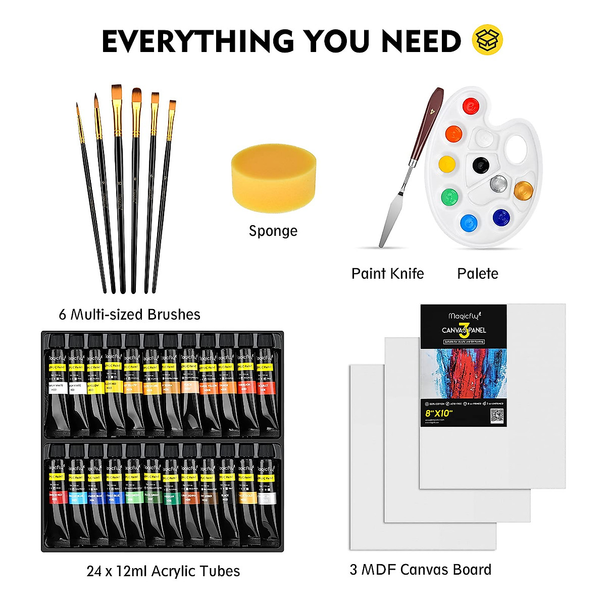 Magicfly 36 Pcs Acrylic Paint Set, 24 Colors(12 ml/0.4 oz) Rich Pigments Acrylic Paint Kit with 6 Paint Brushes, 3 Canvas Panels, 1 Paint Knives, 1 Palette & Sponge, Ideal Gifts for Beginners, Kids