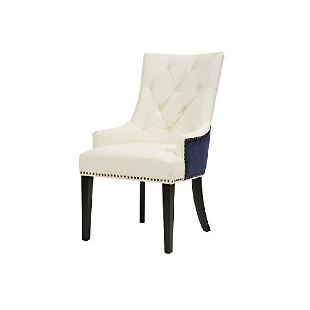 Iconic Home Cadence Dining Side Chair Button Tufted PU Leather Velvet Polished Brass Nailheads Espresso Finished Wooden Legs, Navy – White, Modern Transitional