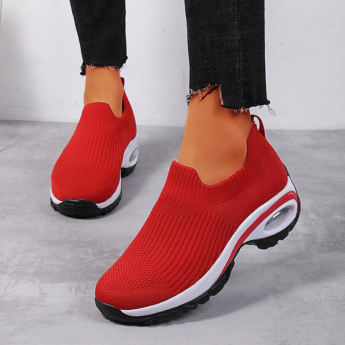Hbeylia Fashion Platform Wedge Walking Shoes for Women Ladies Slip On Mesh Air Cushion Breathable Blade Non Slip High Heels Fitness Running Sport Sneakers Fall Dress Shoes for Jogging Work Nurse Red