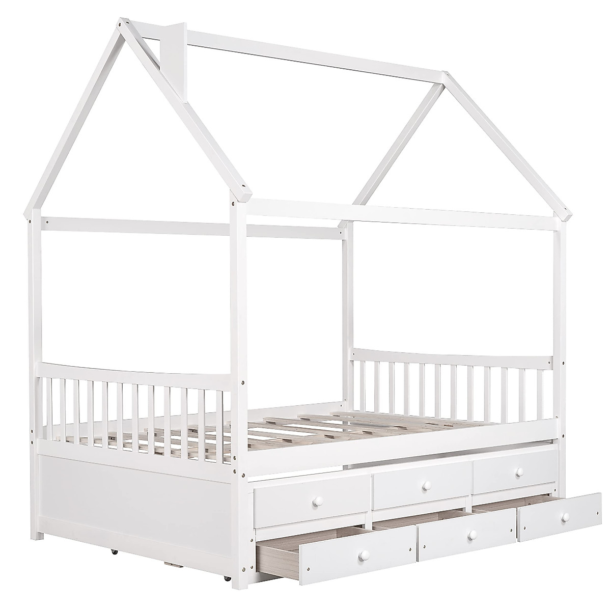 Harper & Bright Designs Full House Bed with Trundle and 3 Storage Drawers, Full Captain's Beds Wooden Storage Daybed Frame for Kids Teens Boys Girls (Full Size, White)