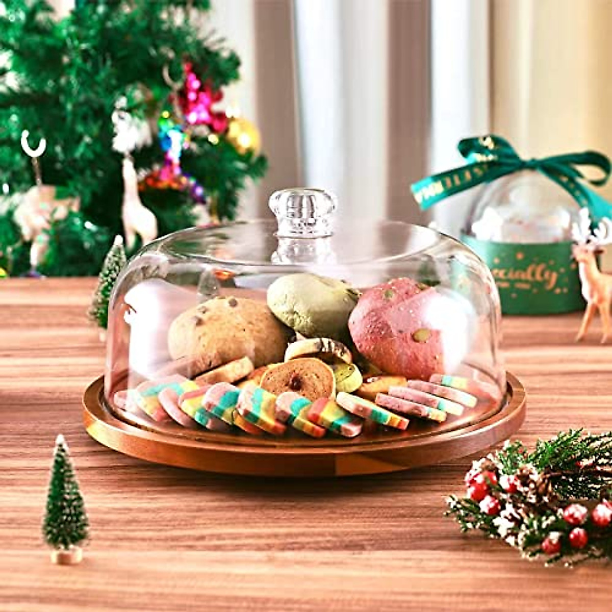 Wood Cake Stand with Dome,Acacia Cake Plate Holder with Acrylic Lid,Cake Display Server Tray for Kitchen,Birthday Parties,Weddings,Baking Gifts or Housewarming Gifts