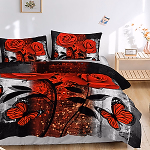 AILONEN Red Rose Duvet Cover Set King Size, Grey Retro Couple Rose Comforter Cover Set,3 Pieces Romantic Floral Butterfly Quilt Cover and 2 Pillowcases