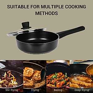 Sakuchi Nonstick Saute Pan with Lid - 9.5 Inch Black Granite Deep Frying Pan with Lid for Effortless Cooking and Deep Frying, Suitable for All Stoves, Induction Compatible, PFOA Free