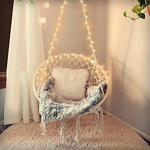 Hanging Chair for Bedroom Hammock Chair Swing with Lights and Hardware Kits Holds Up to 550Lbs Macrame Swing Chair Hanging Cotton Rope Swing Chair for Bedroom, Patio, Deck, Garden and Porch-KASHAN