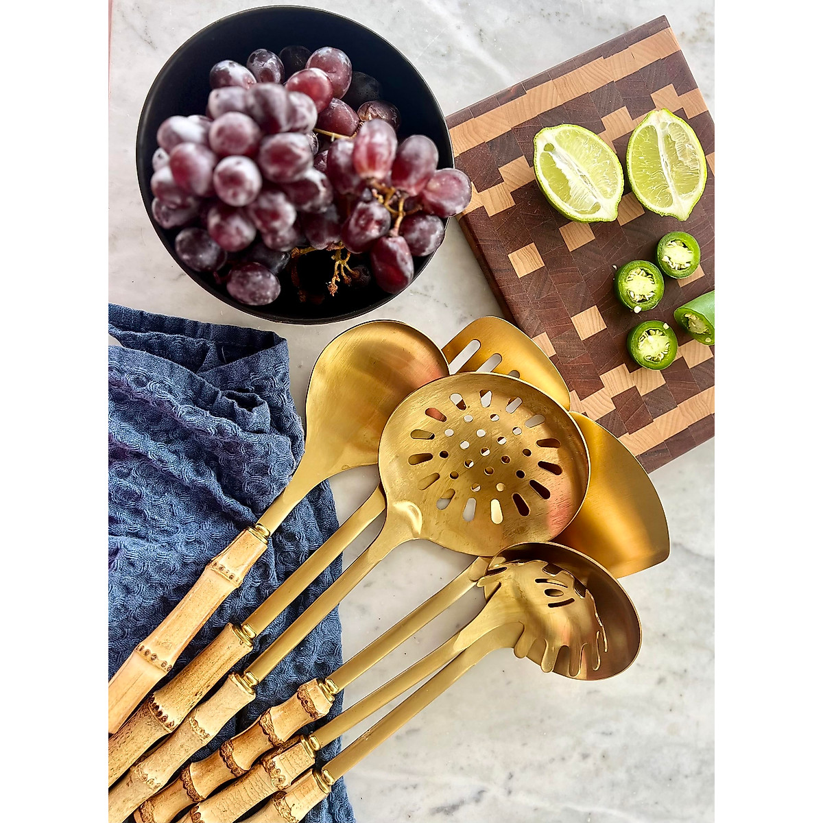 Bamboo Stainless Steel Cooking Tools Utensils Stainless - Brass/Gold Cooking and Serving Utensils - Gold Kitchen Utensils - Bamboo Wood Handled Gold Kitchen Utensils For Gold Kitchen