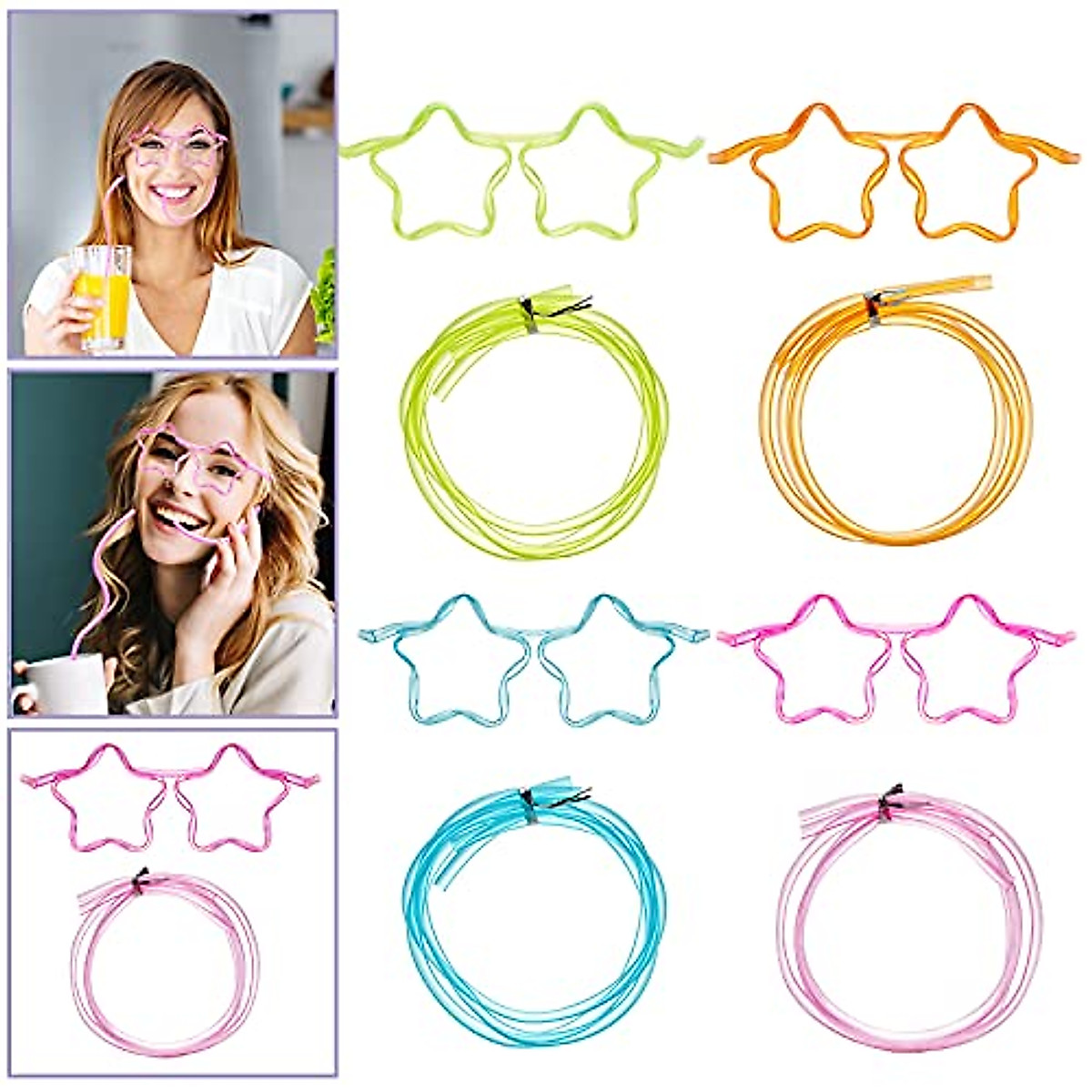 8PCS Silly Straw Glasses, Reusable Fun Loop Drinking Straw Eye Glasses, Novelty Eyeglasses Straw for Party Annual Meeting Parties Birthday (4 Colors Star)
