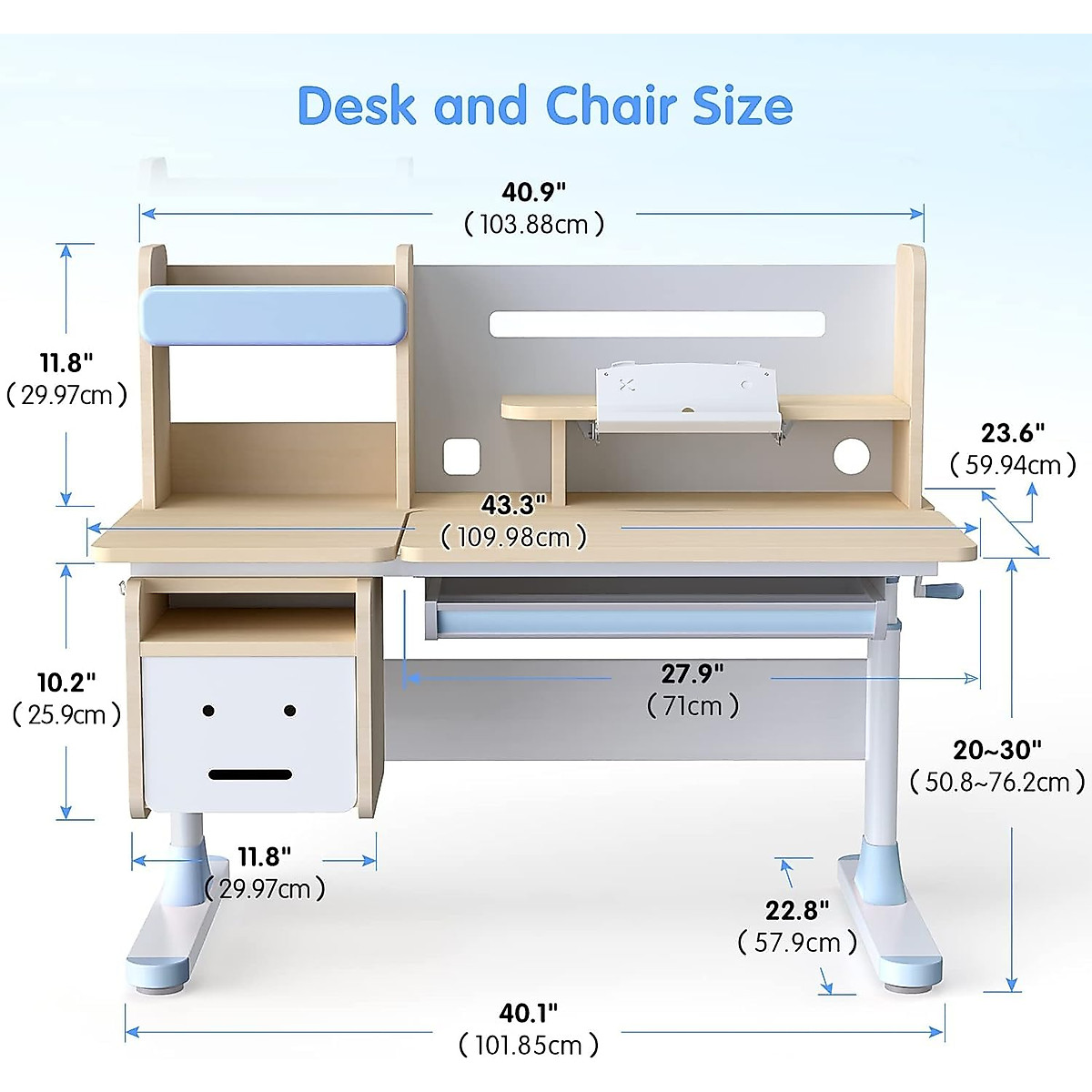 FCD Wood Adjustable Height Kids Study Desk with Chair Drafting Table Computer Station Built-in Bookshelf Hutch Multi Function (Blue, Desk and Chair)
