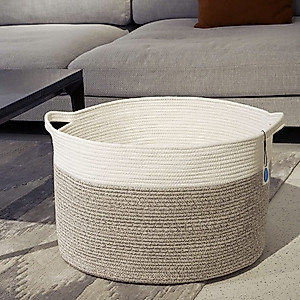 Casaphoria XXXLarge Cotton Rope Basket for Living Room - Woven Storage Basket with Handle for Blankets, Towels and Pillows Laundry Hamper | Cream white and Brown (22" x 22" x 14")