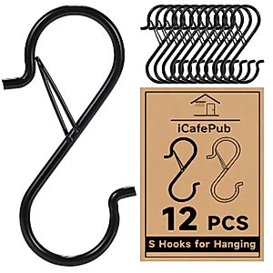 12 PCS S Hooks for Hanging with Safety Buckle, 3.5 inch Heavy Duty Metal S Shaped Hooks for Kitchen Utensil, Cups, Pots, Plants, Bags, Hats (Black)