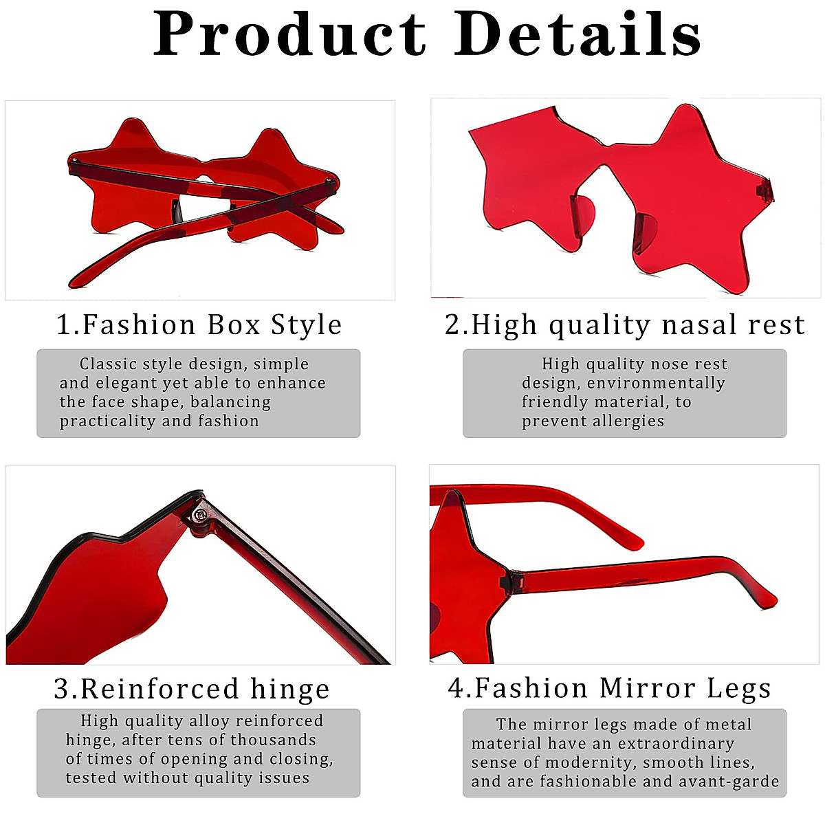 QXBXYHM 6 Pcs Independence Day Star Shaped Rimless Sunglasses Transparent Pentagram Glasses 4th of July Red White Blue Disco Glasses