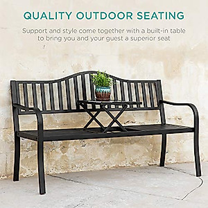 Best Choice Products Outdoor Garden Bench with Pullout Middle Table, Double Seat Steel Metal for Patio, Porch, Backyard w/Weather- Resistant Frame, 600lb Weight Capacity - Black