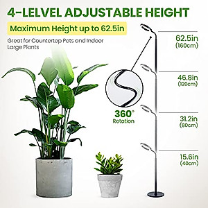 Full Spectrum Plant Grow Light, LED Halo Growing Lights with Stand, 63-inch Height Adjustable for Large Tall Small Plants, Automatic Timer, USB Charger Dimmable Growth Floor Lamp for Indoor