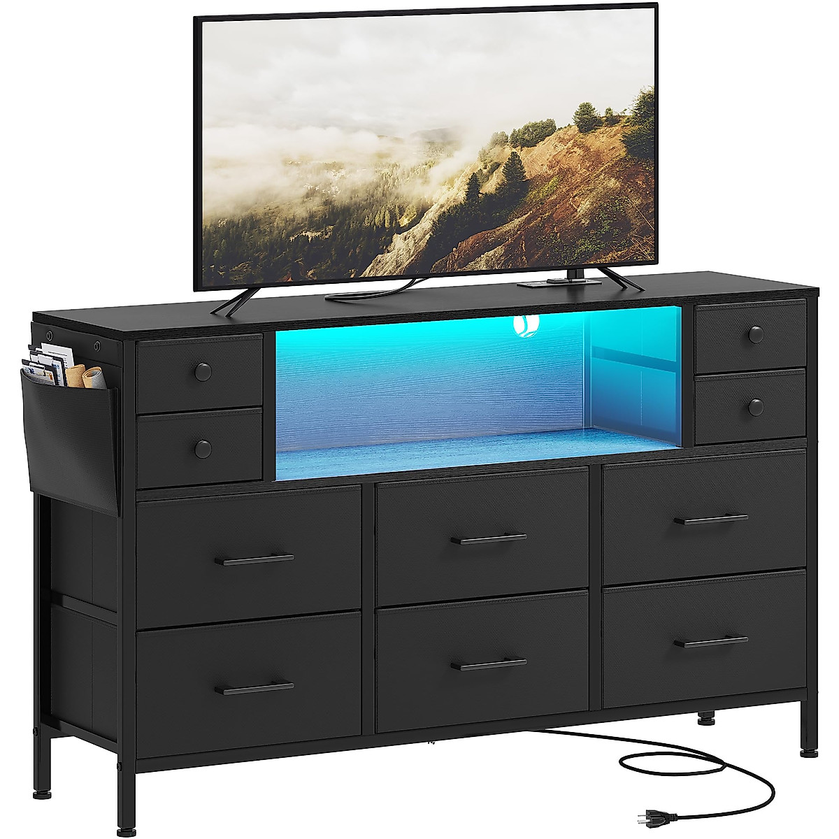 YITAHOME TV Stand with Charging Station, Dresser TV Stand for 55'' TV, 10 Drawer Dresser for Bedroom, Media TV Console Table with Side Pockets & Hooks, Storage Fabric Drawer Unit for Bedroom