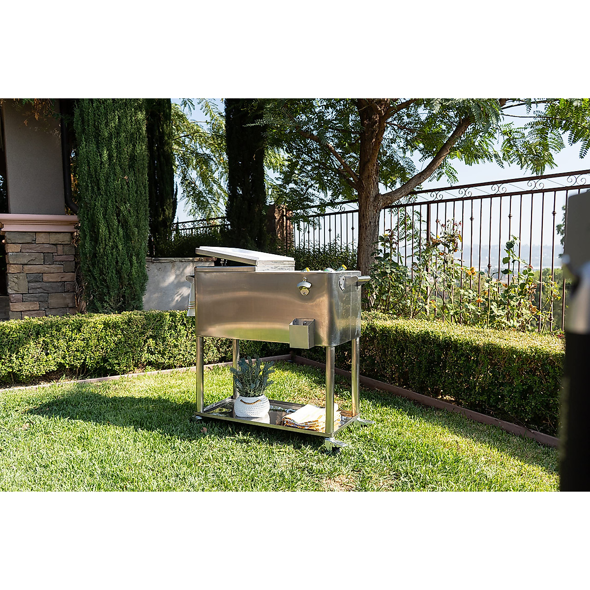 Permasteel 80-Qt Outdoor Patio Cooler with Wheels and Handles, Stainless Steel