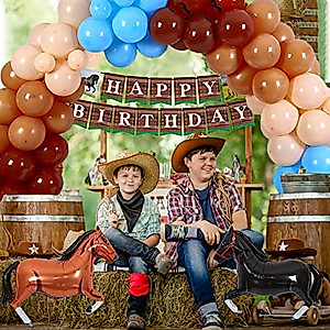 Horse Birthday Party Decorations, Cowboy Birthday Party Supplies for Boys - Horse Racing Theme Happy Birthday Banner Cake Cupcake Toppers Brown Blue Balloon Garland Arch Wild Horse Foil Balloons