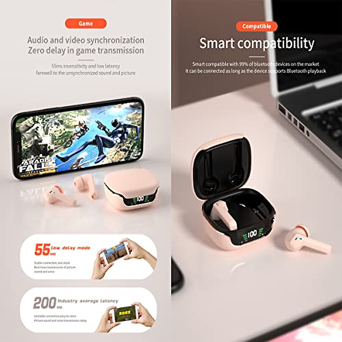 Soonic Music Buds, Gaming Wireless Noise Cancelling Earbuds, Compatible with Apple Android, Built-in Microphone, Sweat Resistant Waterproof Earphones, Bluetooth 5.3 Dual Mode Headphones (Black)