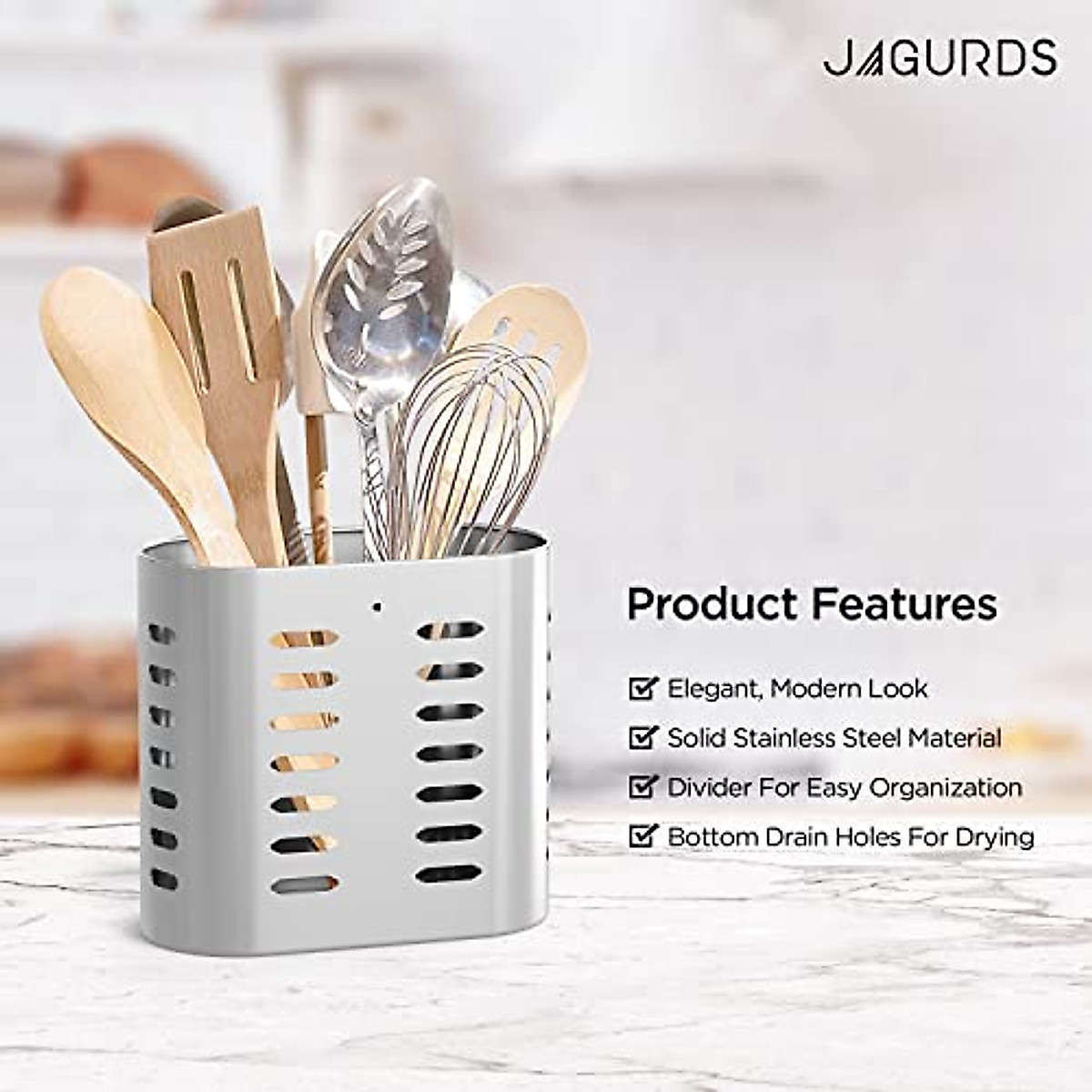 JAGURDS Stainless Steel Kitchen Utensil Holder for Countertop - Spoon and Fork Holder Silverware Caddy - Hanging Utensil Holder (1 pc - Stainless Steel Mirror Finish)