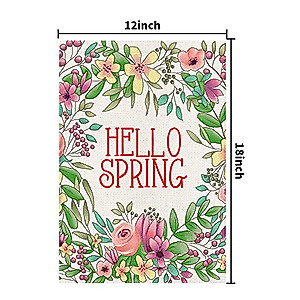 Hello Spring Floral Garden Flag 12x18 Inch Double Sided Burlap Outside, Seasonal Yard Farmhouse Outdoor Decor DF230