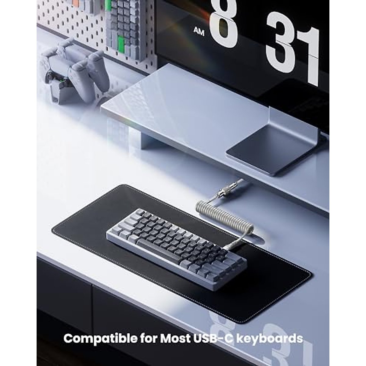 Fasgear Coiled USB C Keyboard Cable, 1.8m Type C to Type C Keyboard Cable with Metal Aviation Connector, 60W Fast Charging, Designed for USB-C Mechanical/Custom/DIY/Gaming Keyboard(Grey)