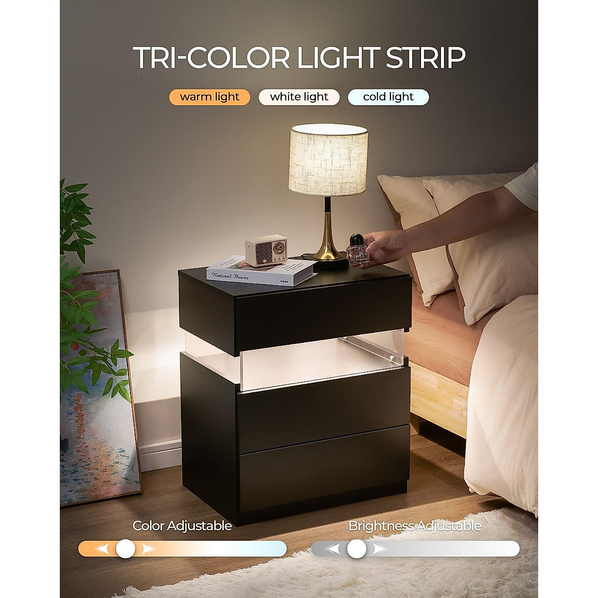 Bingoday Nightstands Set of 2 LED Tall Nightstand Set of 2 Modern LED Bedside Tables Set of 2 with 3 Drawers for Bedroom Living Room