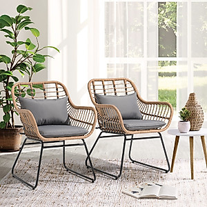 JOIVI Patio Chairs Set of 2, Outdoor Wicker Chairs with Heavy-Duty Iron Frame, All-Weather Easy-to-Clean PE Wicker, Patio Rattan Dining Chairs for Outside Lawn, Garden, Poolside, Backyard, Porch, Gray
