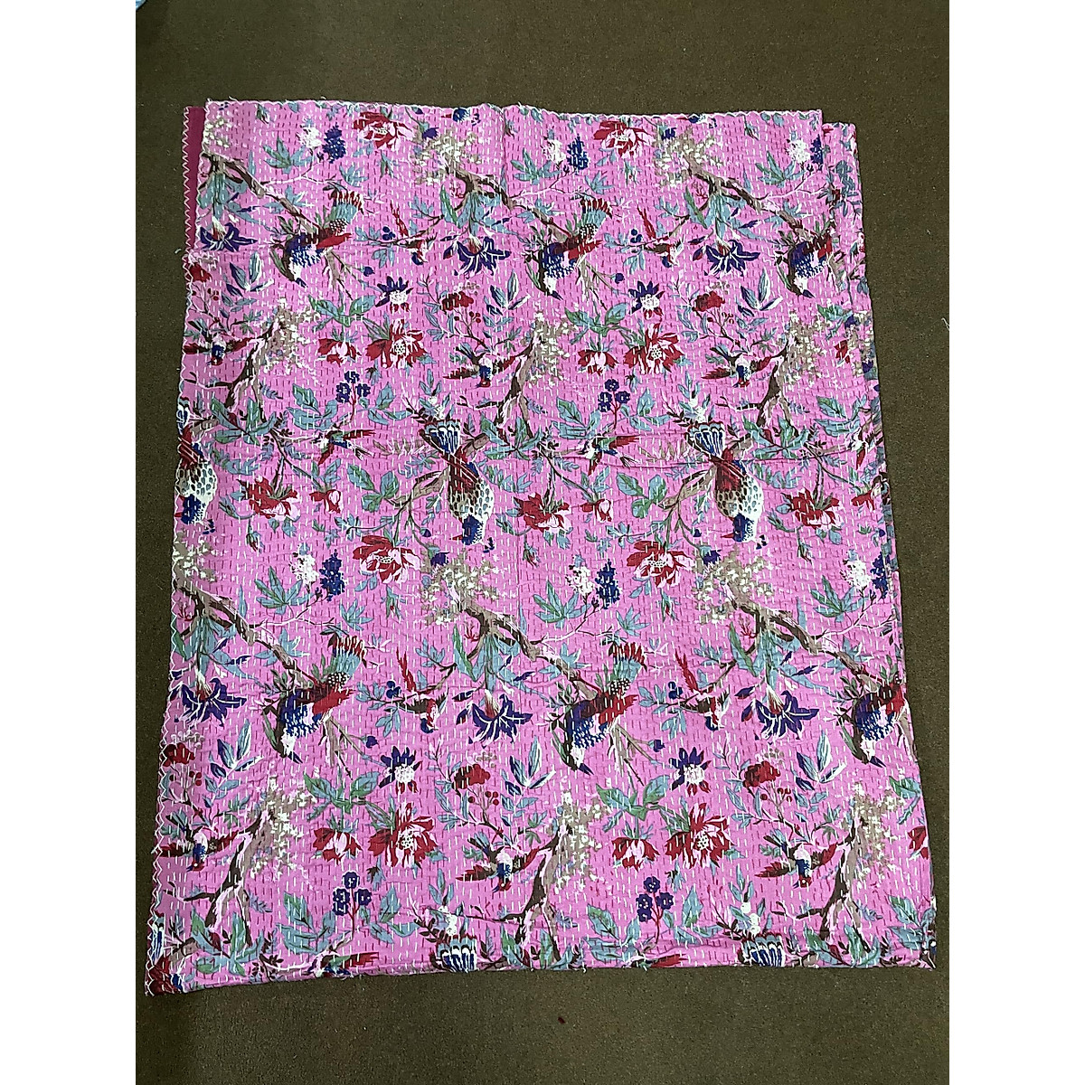 Indian Cotton Hand Stitched Kantha Birds Print Quilt Bedding Throw Bedcover Decorative Gudari Bedspread Queen Size Blanket Home KQ-52