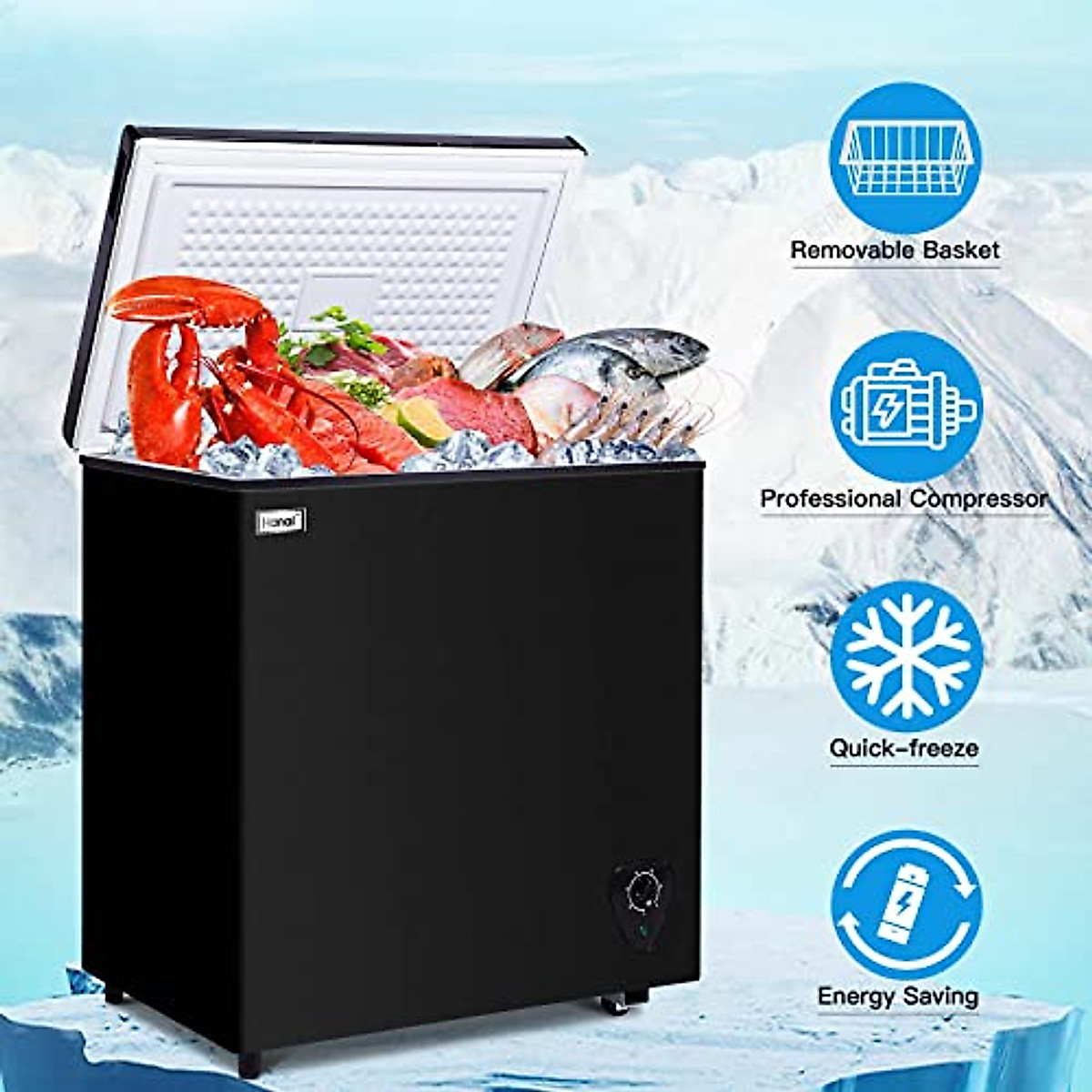5.0 Cu. Ft Deep Freezer WANAI Chest Freezer Small Freezers with Storage Basket Top Open Door Mini Compact Freezer 7 Temperature Control for Home Garage Apartment Kitchen Office Black