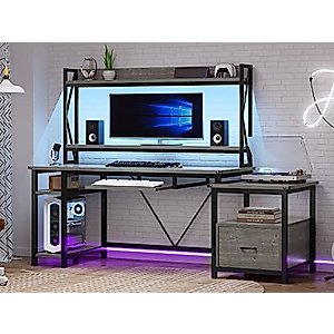 SEDETA Computer Desk, 71" Home Office Desk with Desk Lamp, Office Desk with File Drawer Storage, Keyboard Tray, Monitor Shelf & Hutch, Gaming Desk with Led Lights, Grey