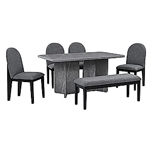 YuiHome Piece, Modern Style Kitchen Faux Marble Table and 4 Upholstered Chairs & 1 Bench, Dining Room Set for 6 Persons,Gray