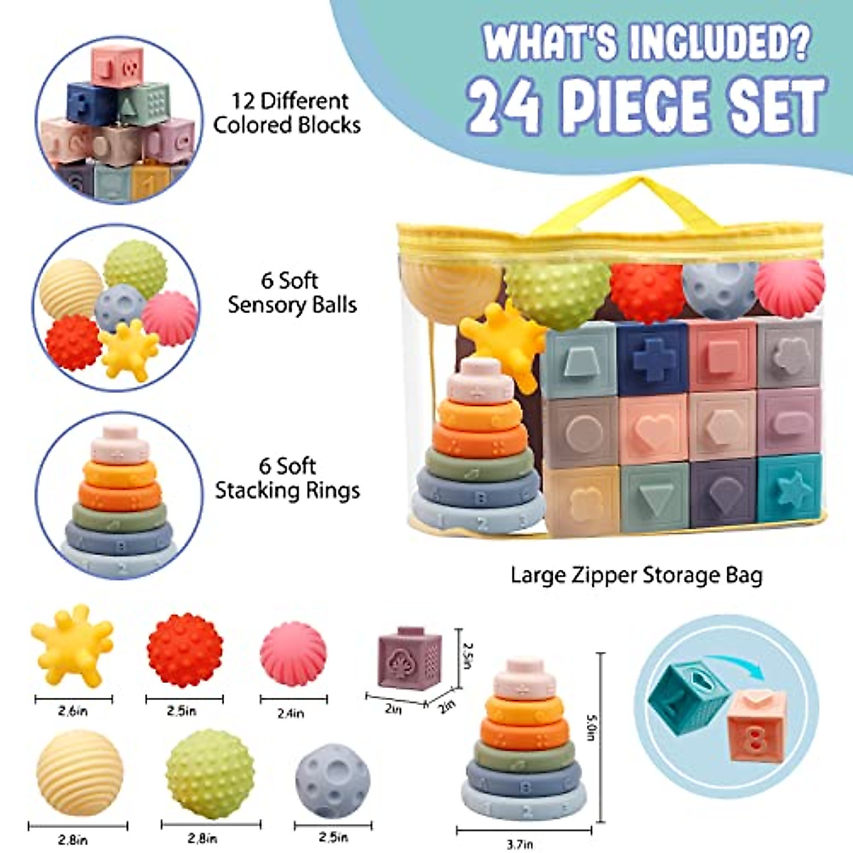 Plunack Montessori Toys for Babies 6-12 Months Soft Baby Toys Set 3 in 1 Stacking Building Blocks Infant Teething Toys Sensory Balls Educational Learning Toys for Toddlers 3-6-9-12 Months Boys Girls
