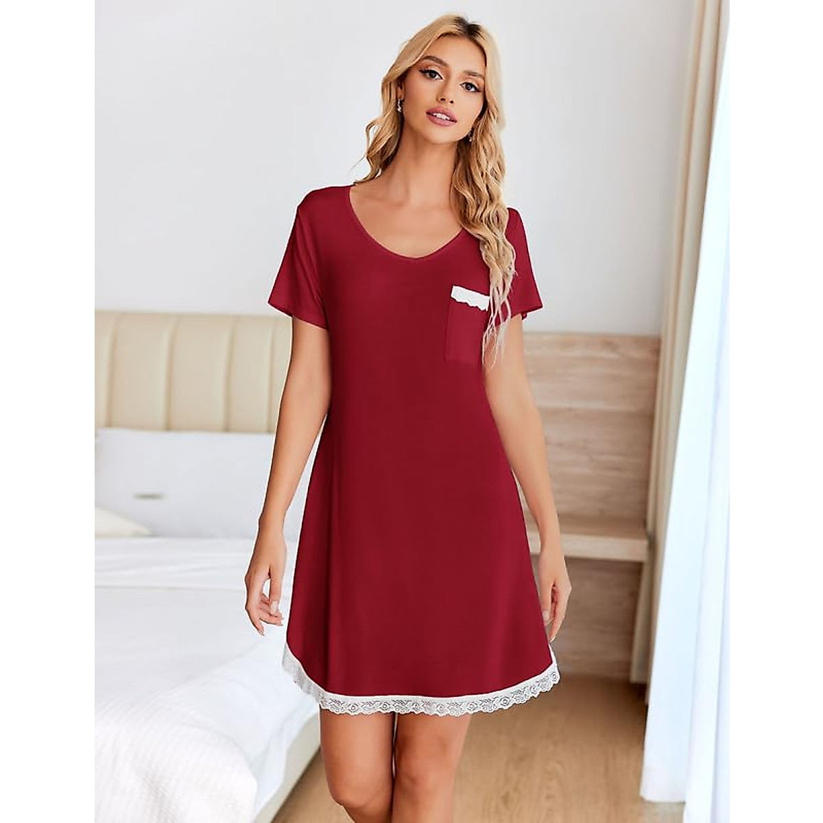 Ekouaer Women's Nightgown Sleepwear Soft Sleepshirt Short Sleeve Nightshirt Sexy Pajama Dress Wine Red 2XL