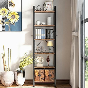 oneinmil 6-Tier Bookshelf with 2 Storage Drawers, Industrial Display Standing Shelf, Rustic Wood Storage Shelf with Metal Frame, Open Bookcases for Living Room, Bedroom, Home Office (Brown)