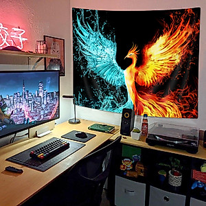 Fantasy Phoenix Tapestry, Water Ice and Fire Rising Phoenix Animal Anime Wall Hanging for Bedroom, Aesthetic Tapestry for Men Beach Blanket College Dorm Home Decor(60X40)