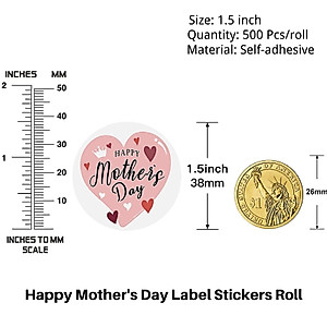Happy Mother's Day Label Stickers Roll，1.5 inch 500 Pcs Love Heart Mothers Day Stickers, Gift Tag Stickers for Envelope Seals Party Gift Favors Box Cards Decorations