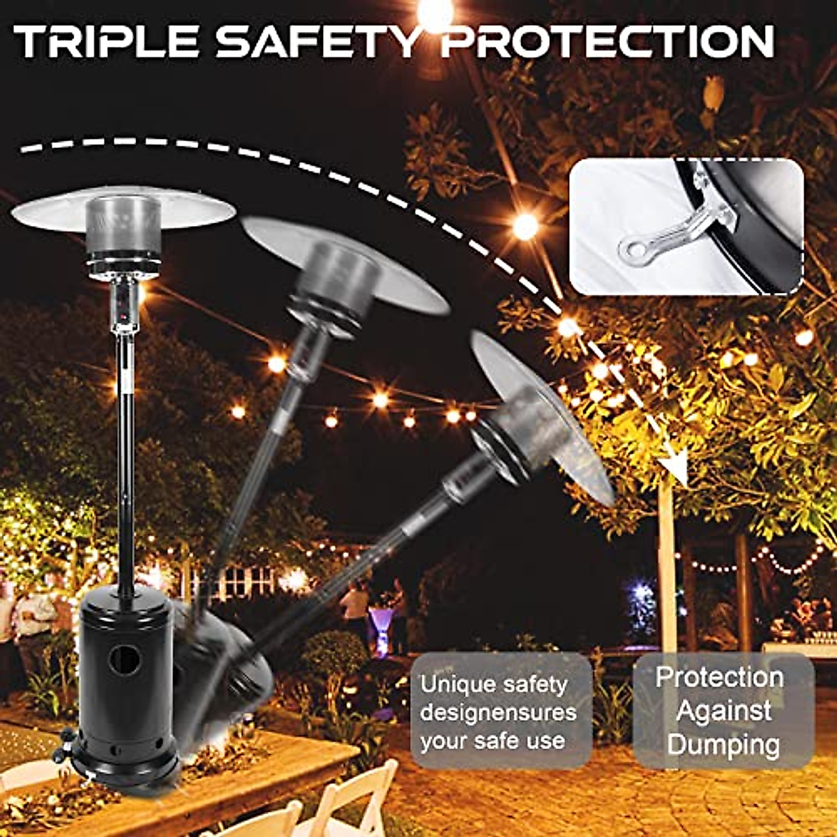 Polar Aurora Patio Heater for Outdoor Use Propane Gas 48000 BTU Auto Shut Off Portable Heater Floor Standing w/Ground Nail & Wheels for Garden, Balcony, Party,Black