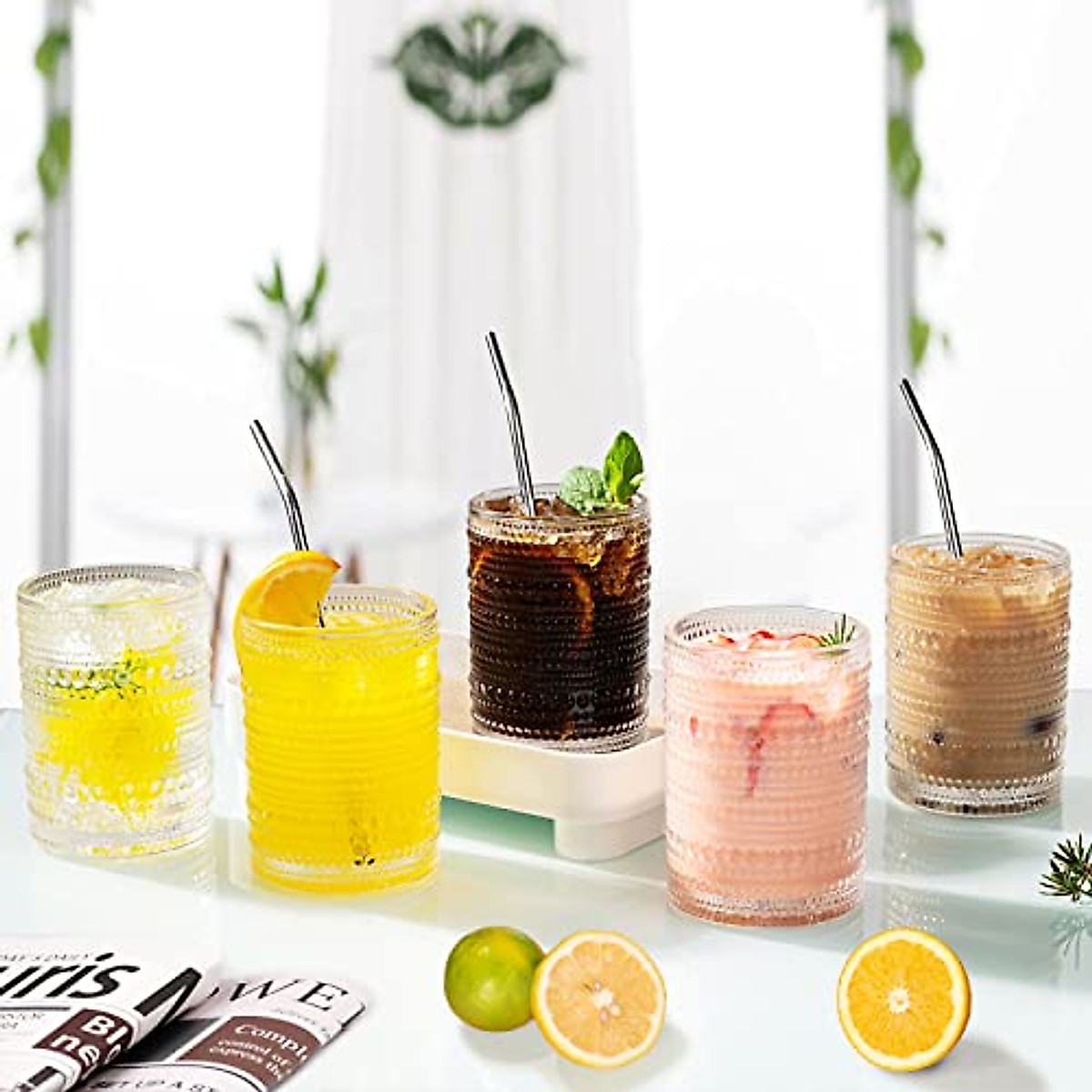 Cocktail Glasses Vintage Drinking Glasses - 13 OZ Hobnail Glassware with Straw Set of 6 - Bubble Cocktail Glass Raindrops Beaded Glassware Romantic Water Glasses Suit for Cocktail Whiskey Juice